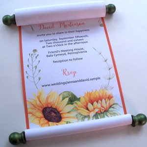 Sunflower Wedding Invitations, Rustic Wedding Invite Scrolls, Set of 10 ...