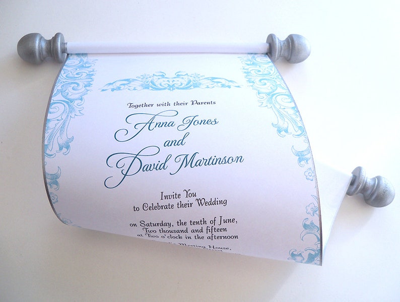 Castle wedding invitation scrolls with baroque damask in black | Etsy