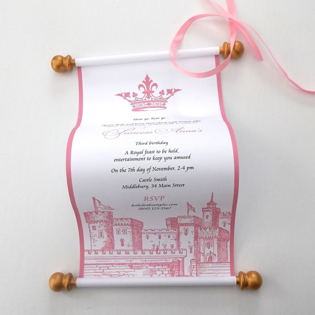 Princess Castle Birthday Invitation Scroll in Pink and Gold, Set of 10 ...