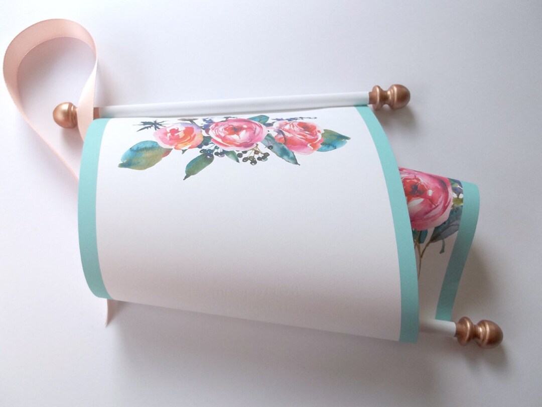 Romantic Scroll With Watercolor Flowers in Rose Gold and Aqua - Etsy