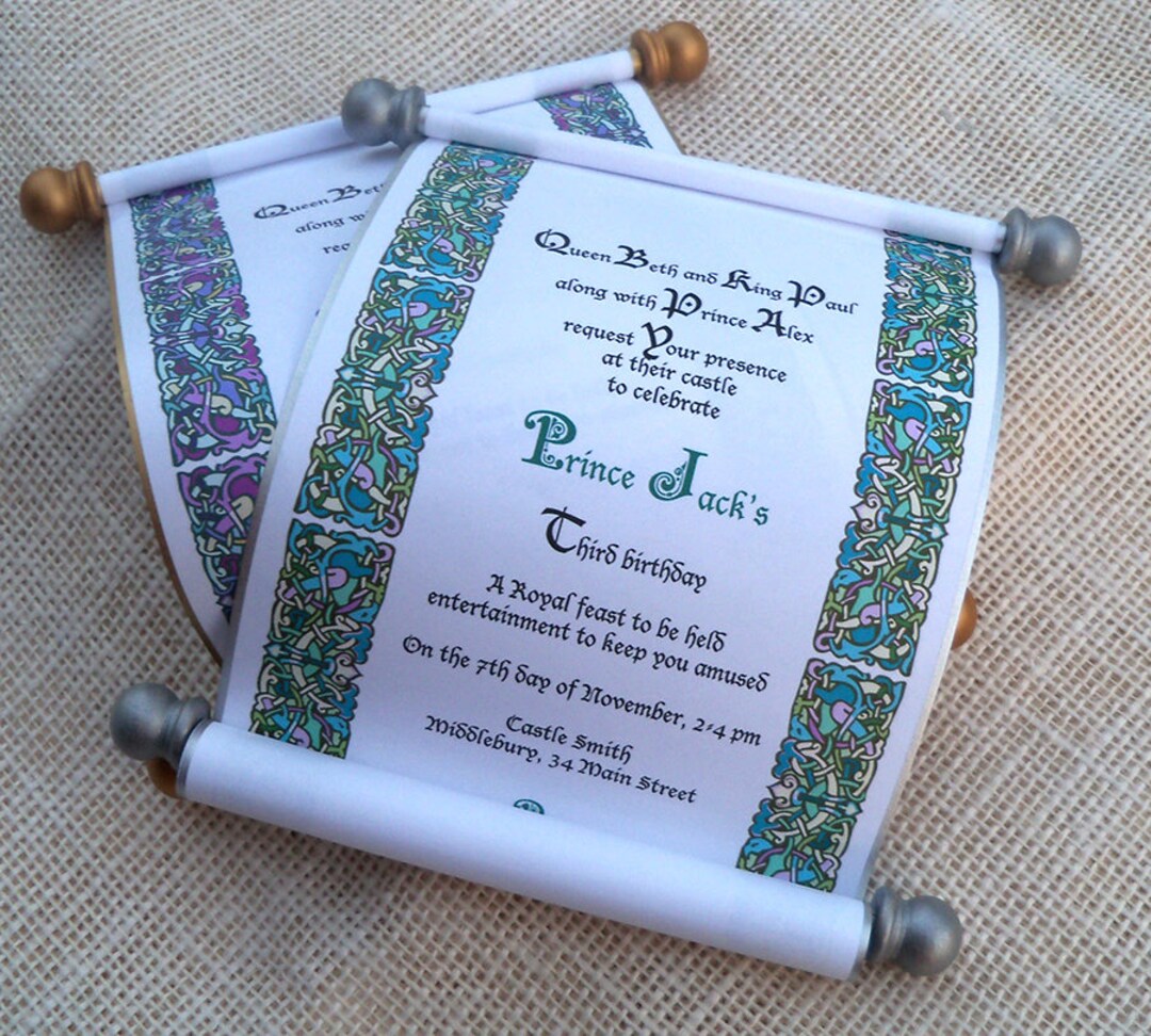 Royal Birthday Invitation Scrolls, Green or Purple, Fairy Tale ...