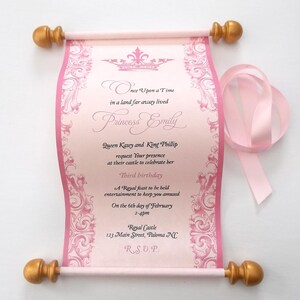 Princess Birthday Invitation Scroll With Brooch, Gold and Pink, Set of ...