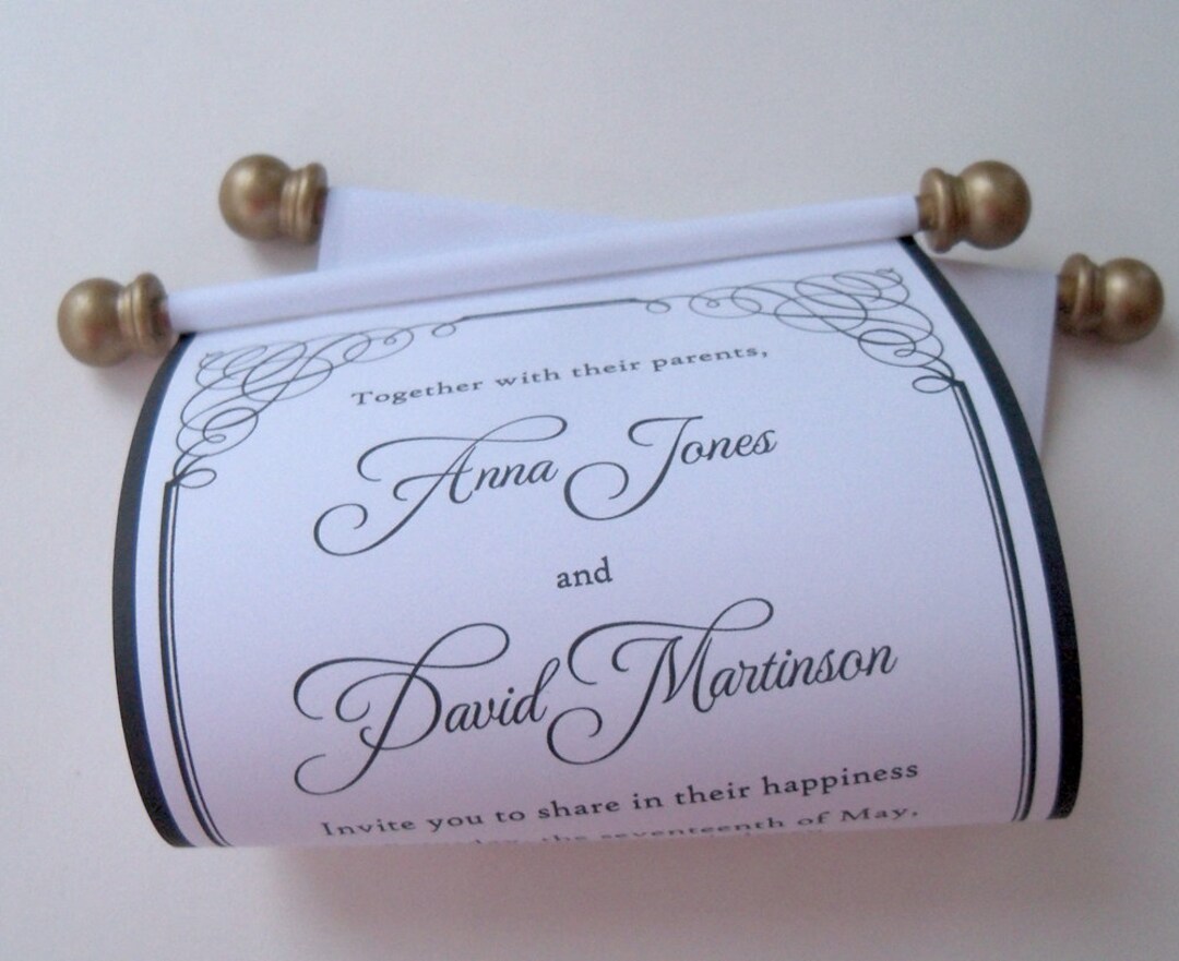 Elegant Wedding Invitation Scrolls in Black and Aged Gold, Classic ...