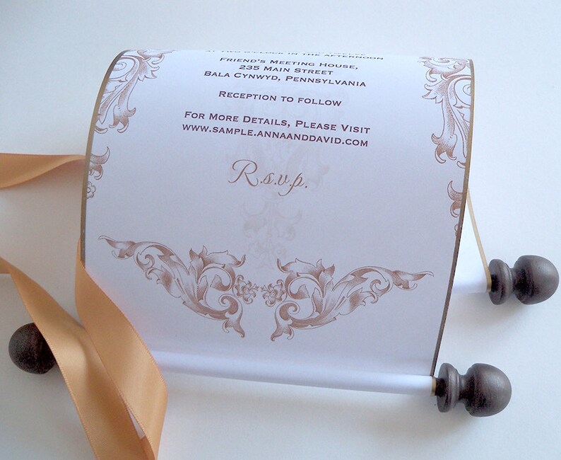 Castle wedding invitation scrolls with baroque damask in black | Etsy