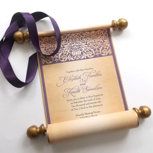 Medieval Castle Scroll in Eggplant Purple and Gold, Damask Stencil ...