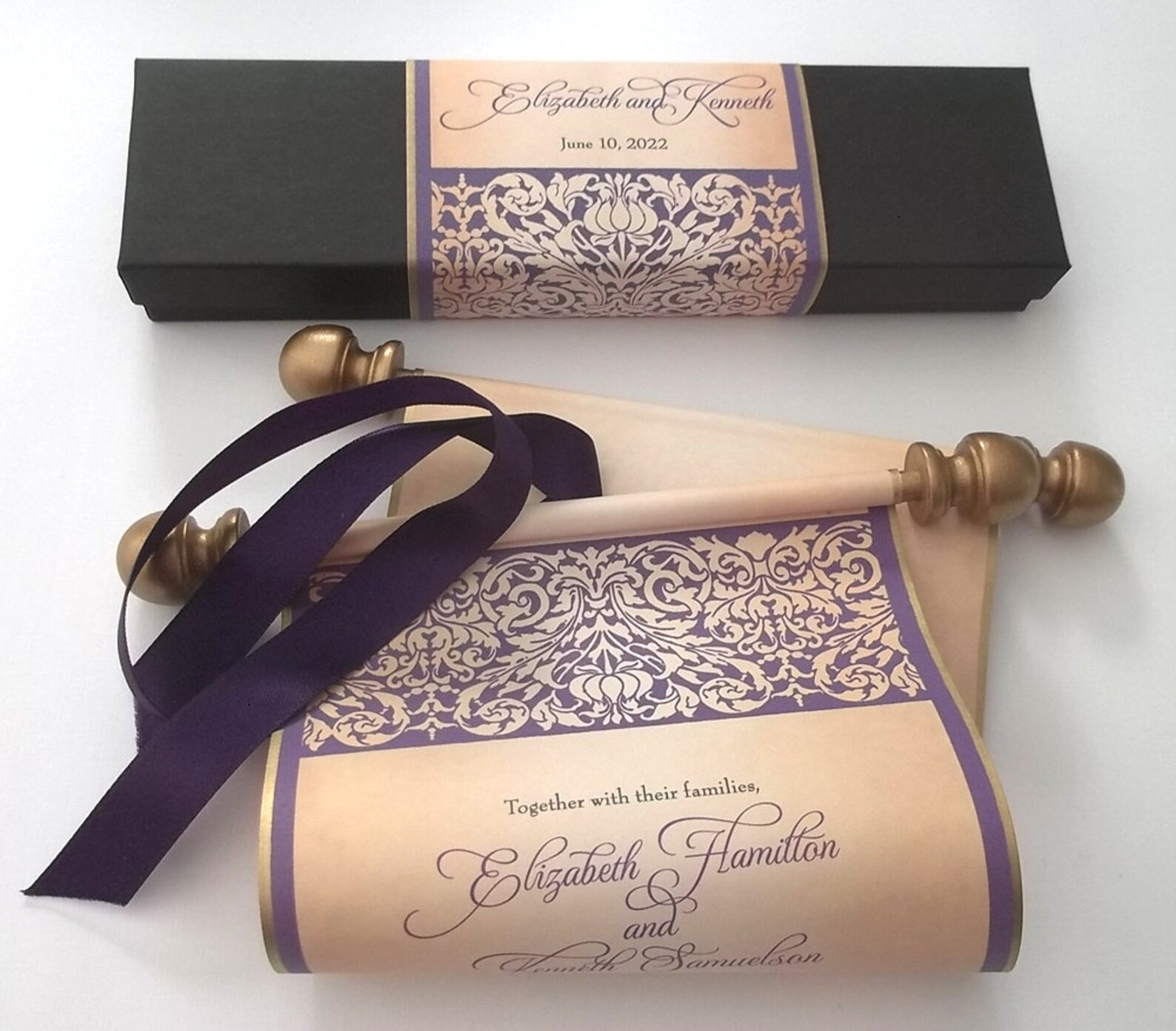Medieval Castle Scroll in Eggplant Purple and Gold, Damask Stencil ...