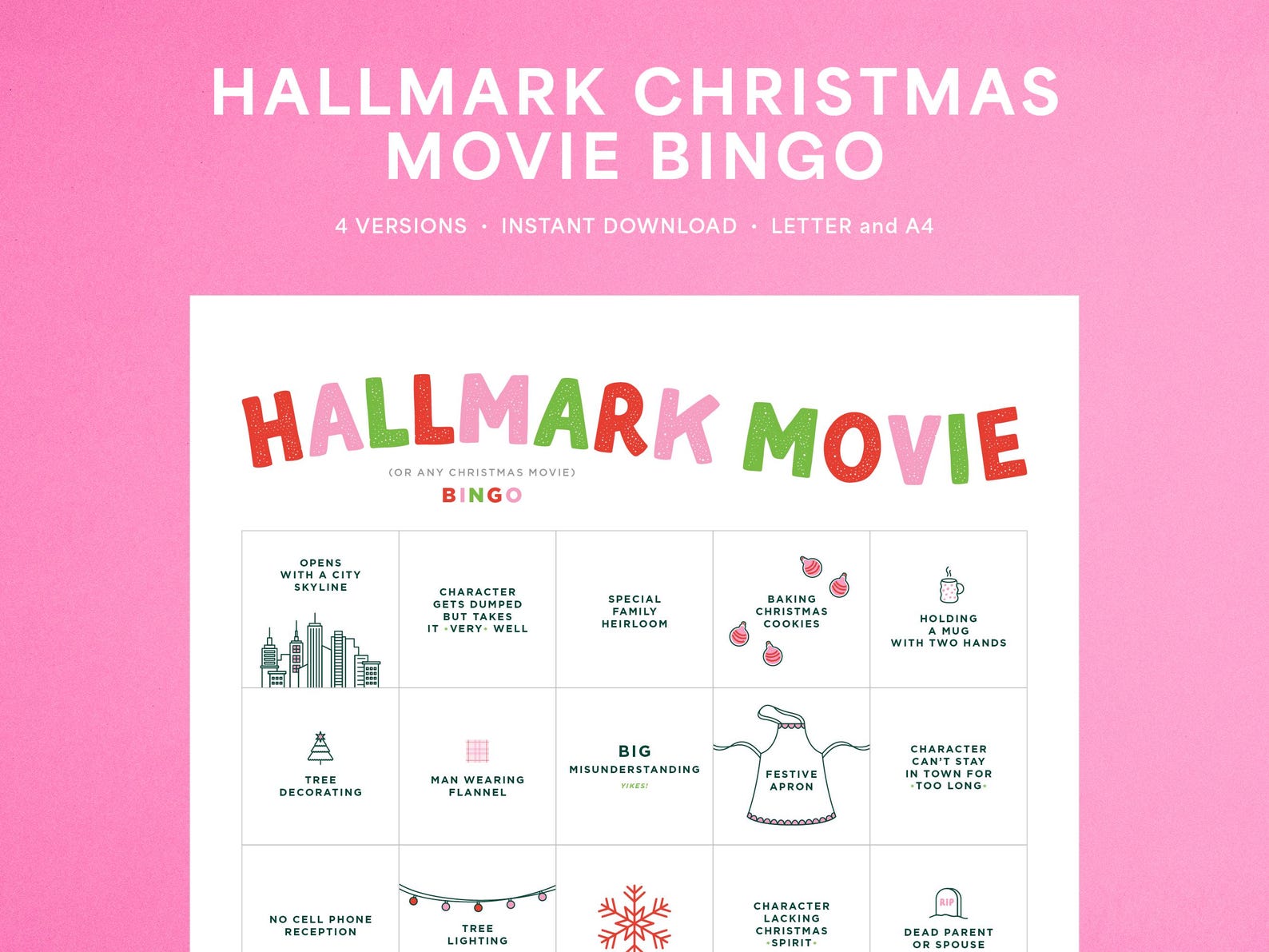 Hallmark Christmas Movie BINGO, Printable Hallmark Movie Game — Letter ...