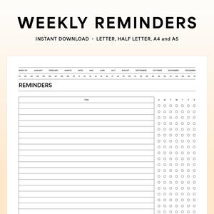 Weekly Reminders Checklist, Printable Planner Page — Letter, Half ...