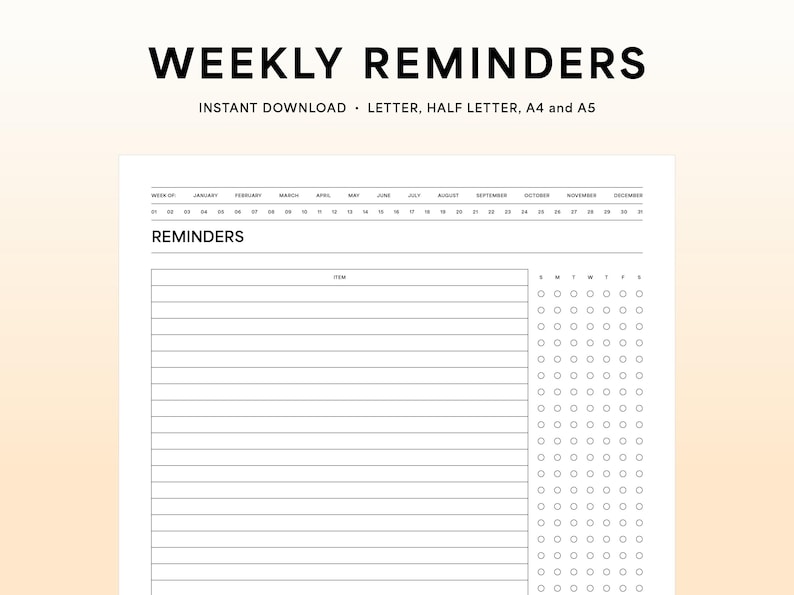 Weekly Reminders Checklist, Printable Planner Page — Letter, Half ...