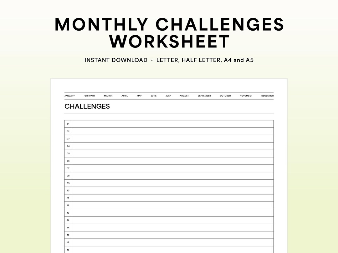Monthly Challenge Tracker, Printable Journal Page — Letter, Half Letter ...