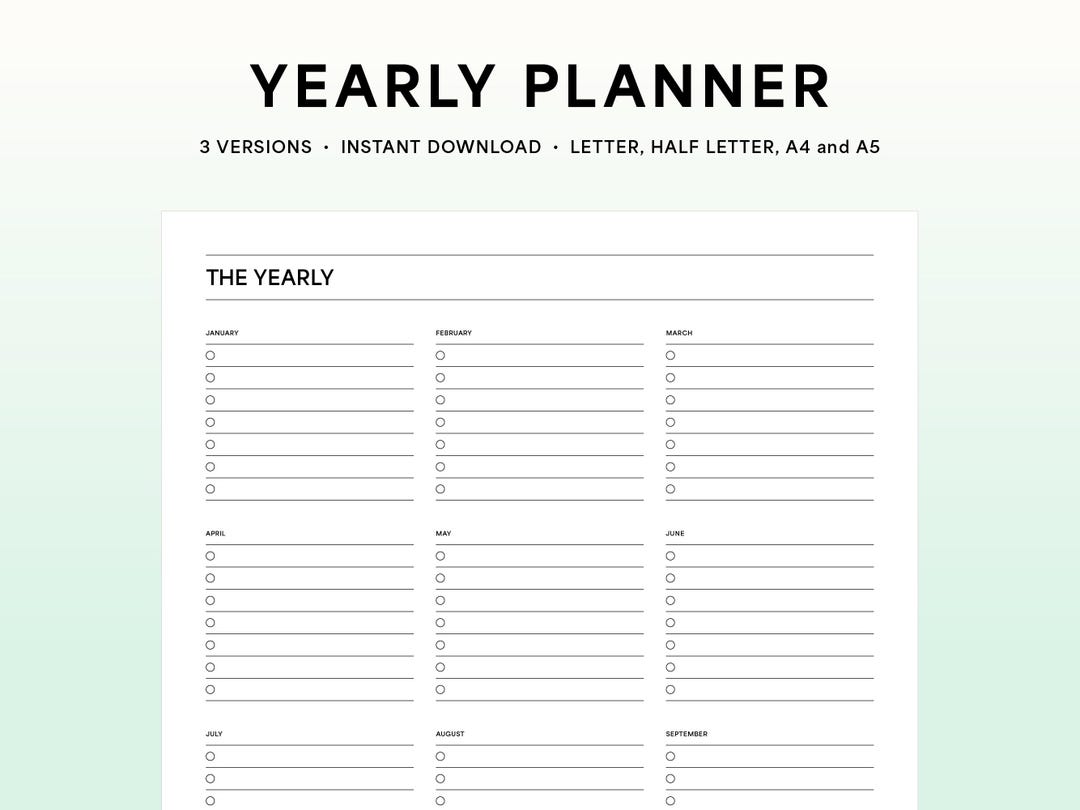 Printable Yearly Planner, Year on One Page Planner, Minimalist Year at ...