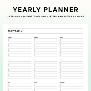 Printable Yearly Planner, Year on One Page Planner, Minimalist Year at ...