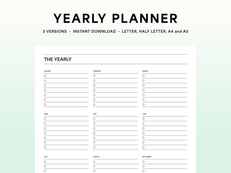 Printable Yearly Planner, Year on One Page Planner, Minimalist Year at ...
