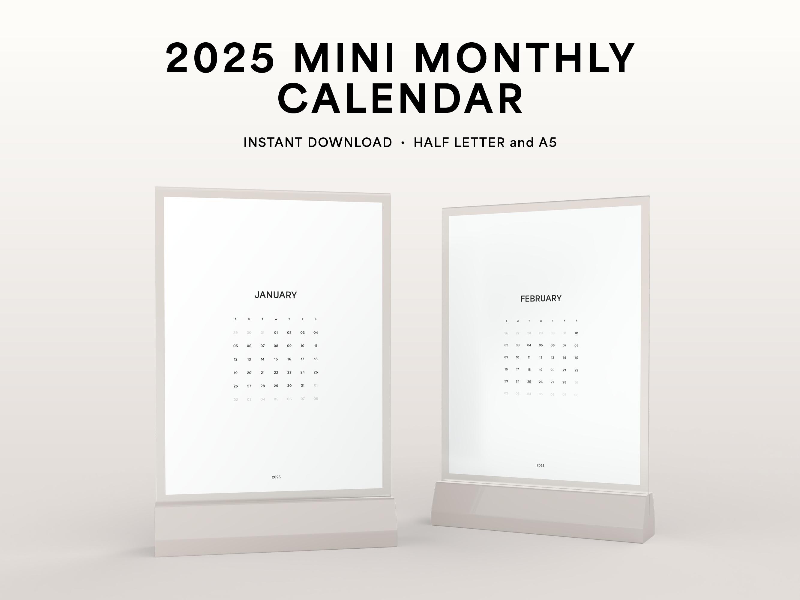 2025 Mini Monthly Calendar, Minimalist Mini Calendar, Printable Planner ...