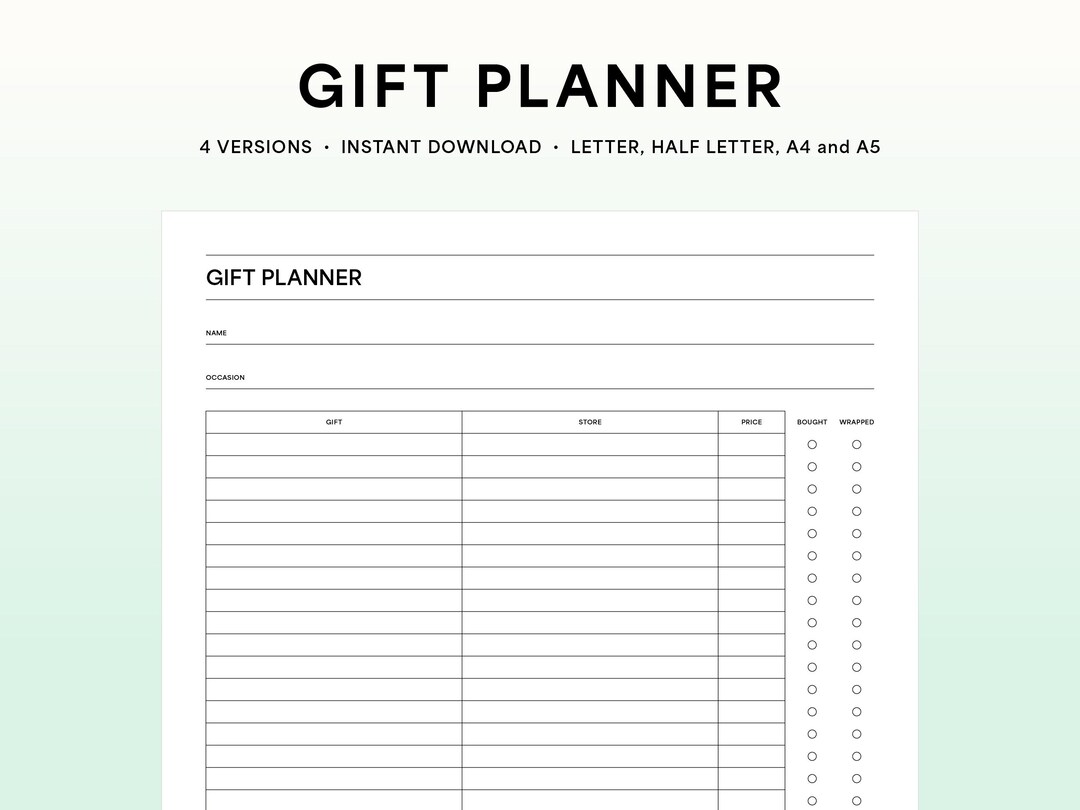 Printable Gift Planner, Gift Ideas, Gift and Shopping Tracker — Letter ...