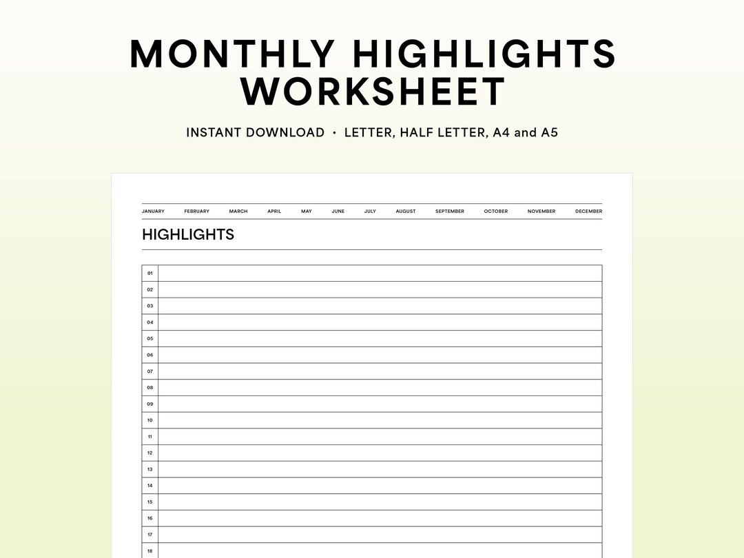 Monthly Highlight Tracker, Printable Journal Page — Letter, Half Letter ...