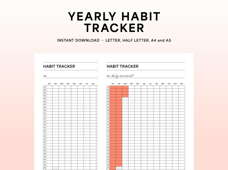 Yearly Habit Tracker, Printable Habit Tracker, Routine Tracker — Letter ...