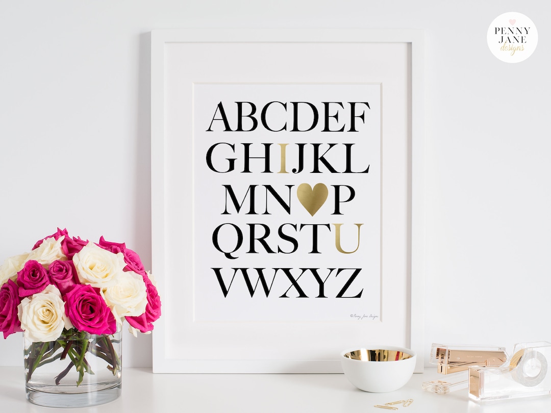 Alphabet Art Print, Gold Black Letters Art Print Poster Home Office ...