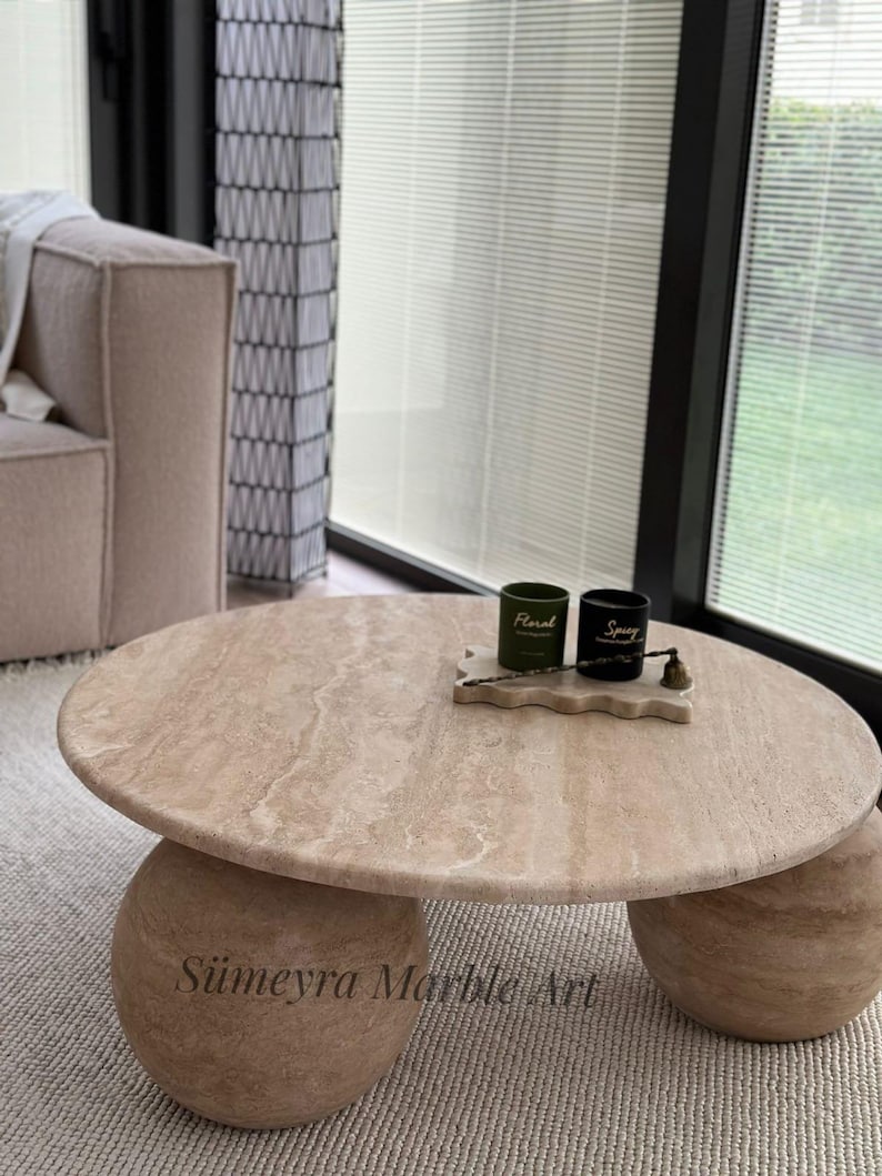 Meridian 3 Round Travertine Coffee Table With Spherical Base Marble ...