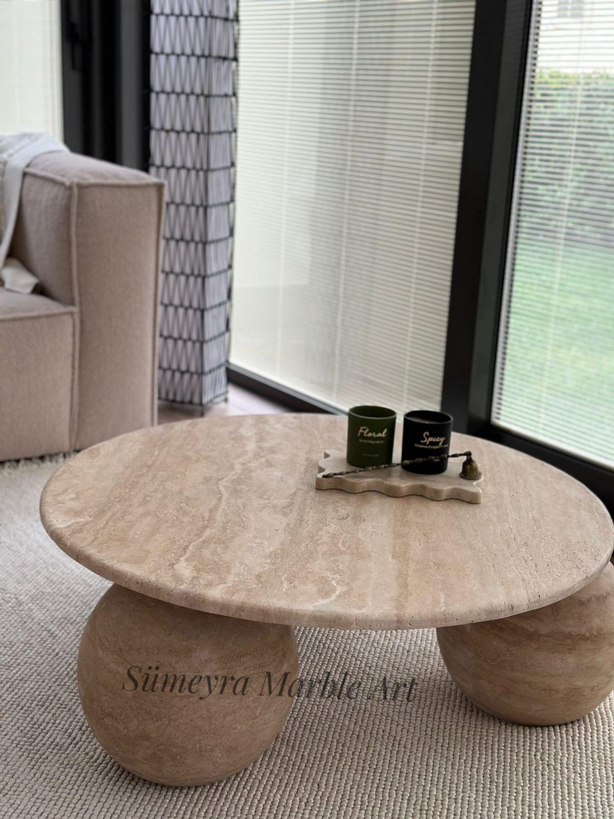Meridian 3 Round Travertine Coffee Table With Spherical Base Marble ...