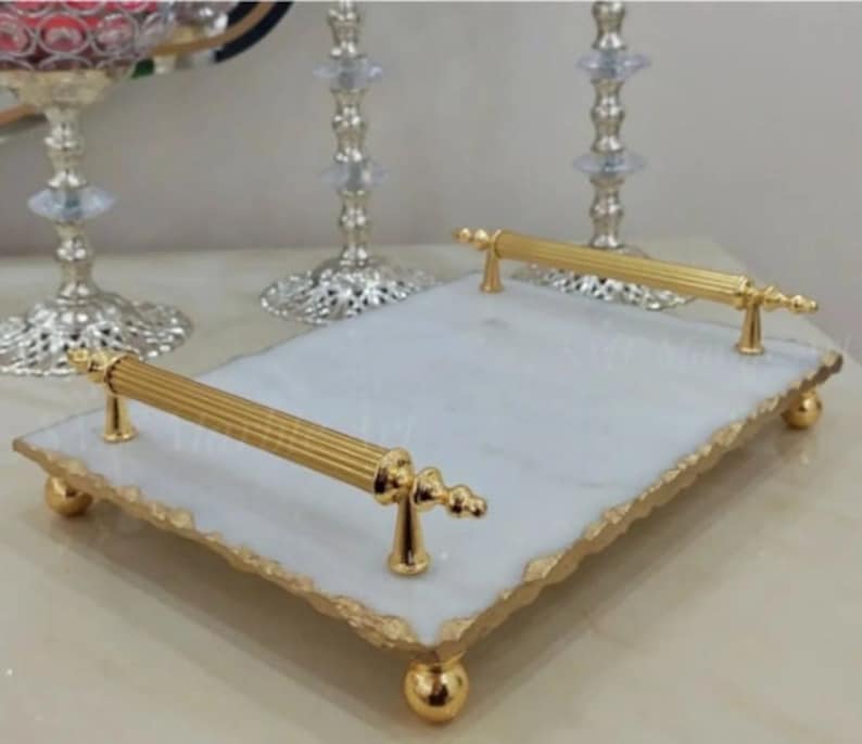 Antique - Natural White Marble Tray With Handles | Tray With Bead Legs ...