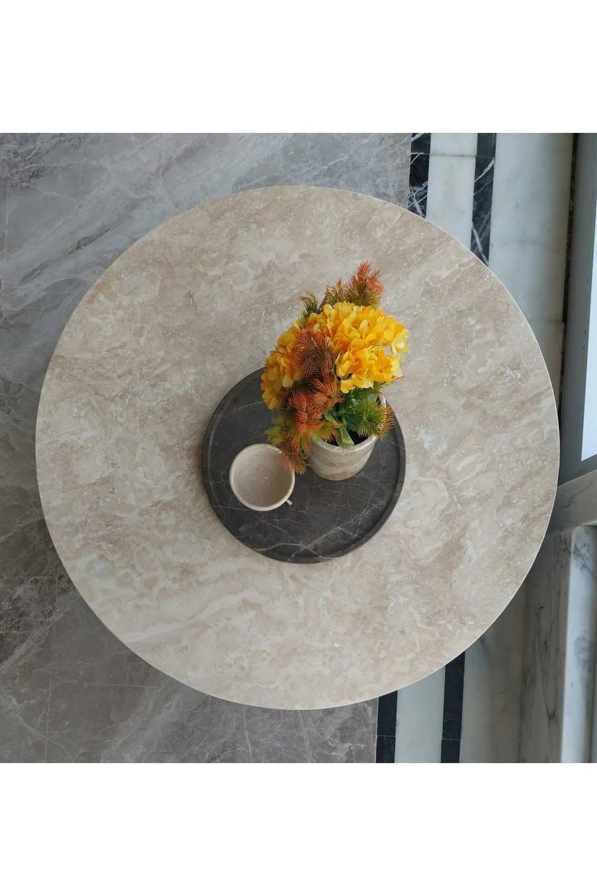 Meridian 3 Round Travertine Coffee Table With Spherical Base Marble ...