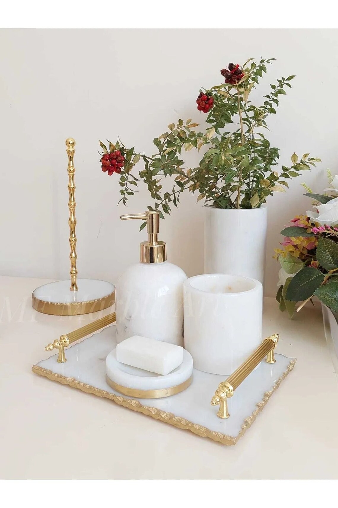 Royal Cream - Natural White Marble Bathroom Set 6li | With Ball Object ...