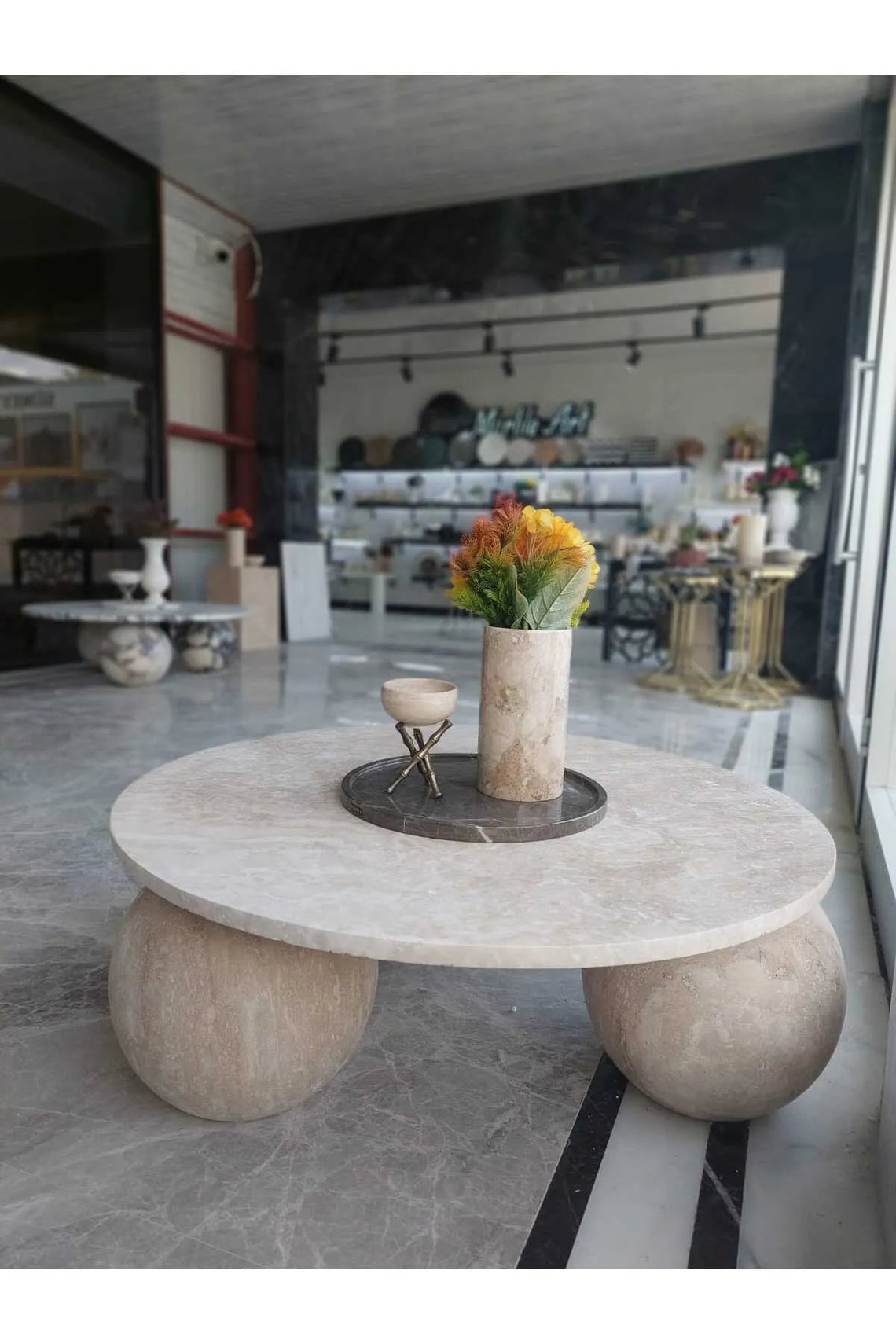 Meridian 3 Round Travertine Coffee Table With Spherical Base Marble ...