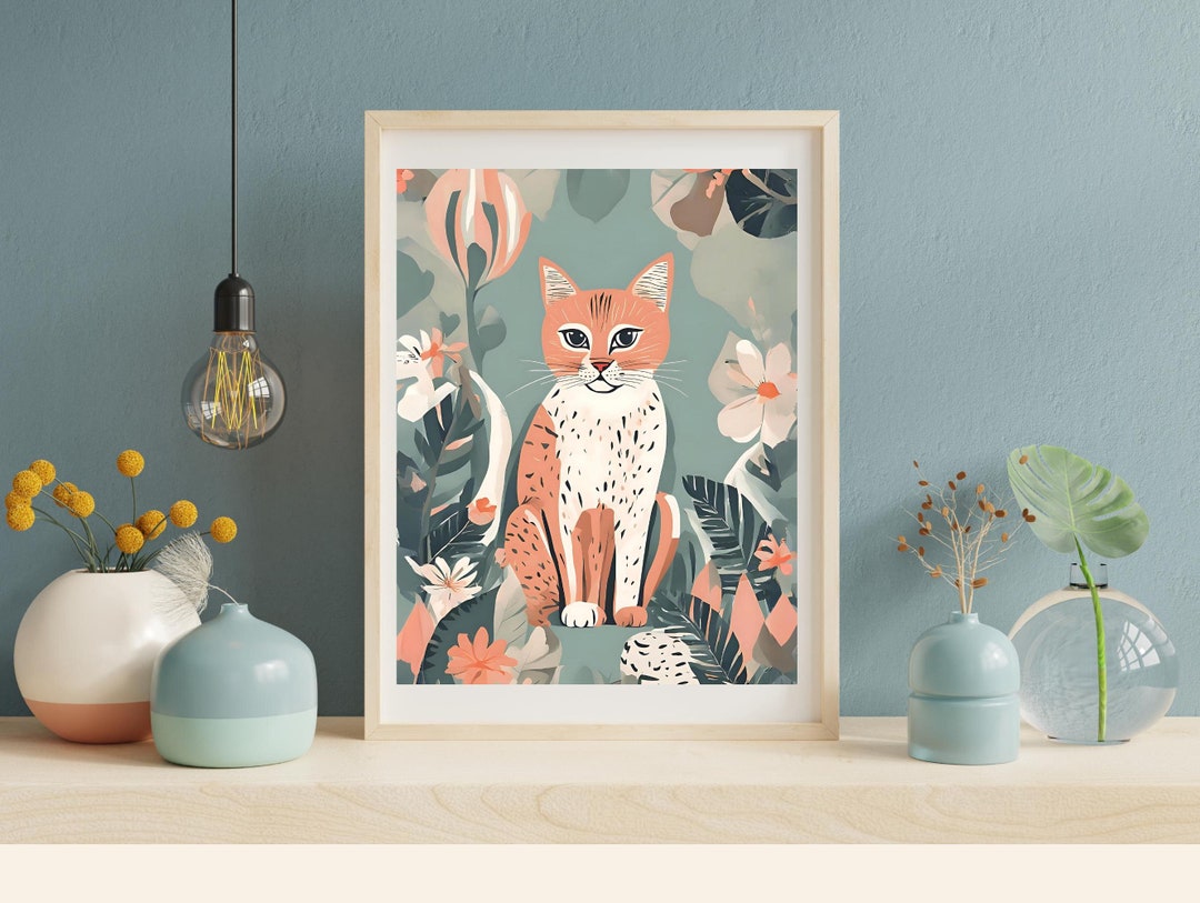 Whimsical Cat Art Print: Modern Cartoon Cat Poster, Nursery Wall Decor ...