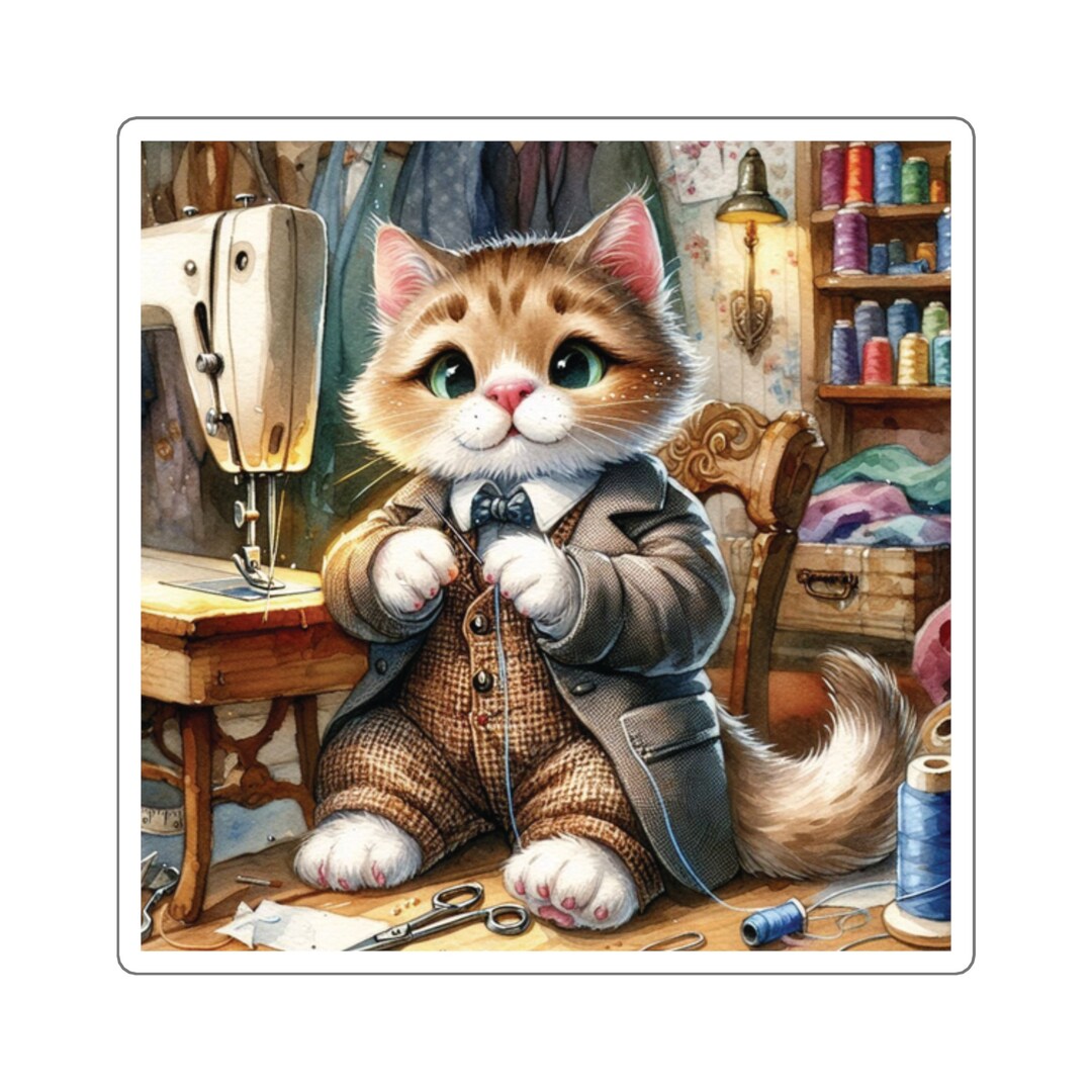Adorable Sewing Cat Vinyl Sticker Cute Illustrated Tailor Kitty Square ...
