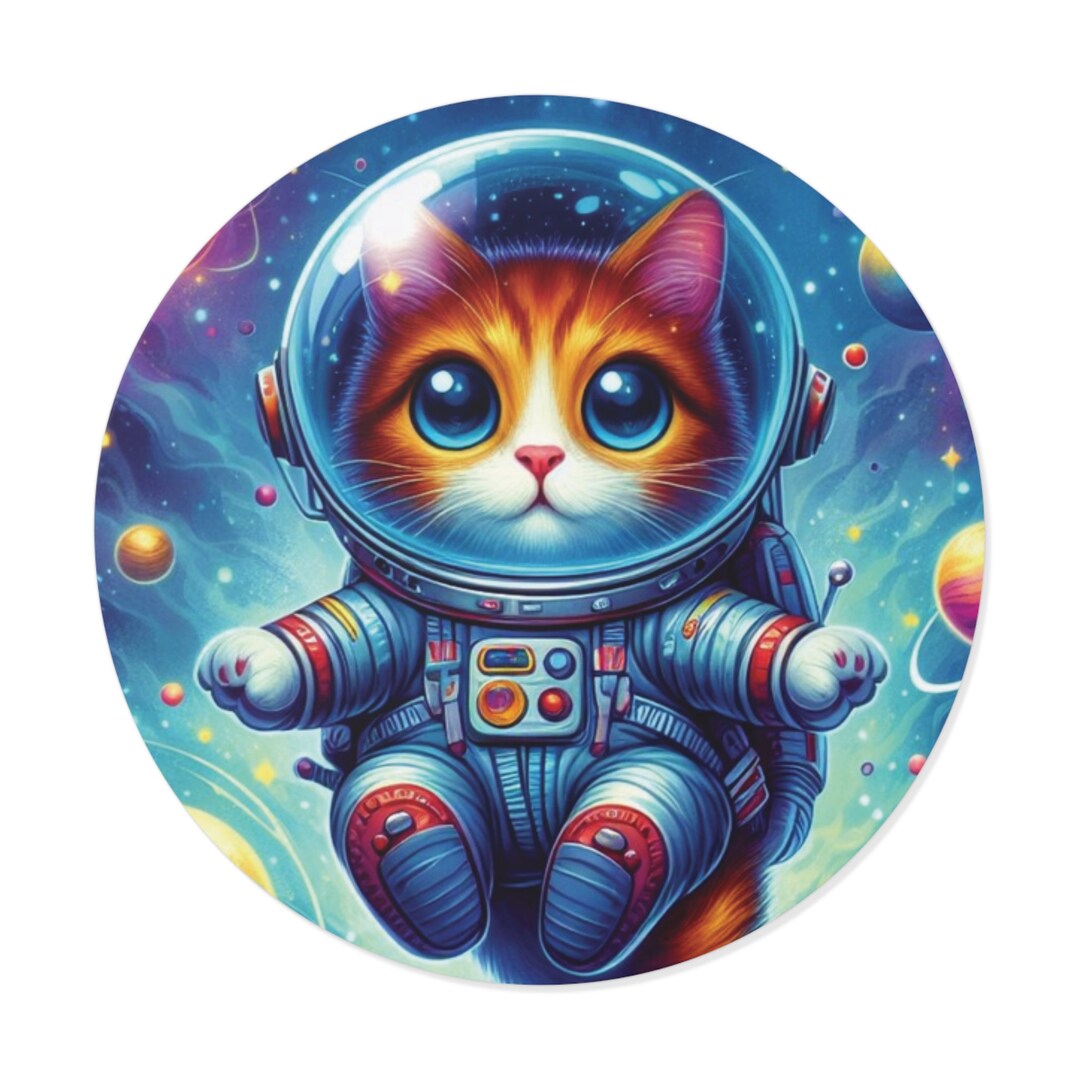 Astronaut Cat Sticker Waterproof Cute Galaxy Space Cat Round Vinyl ...