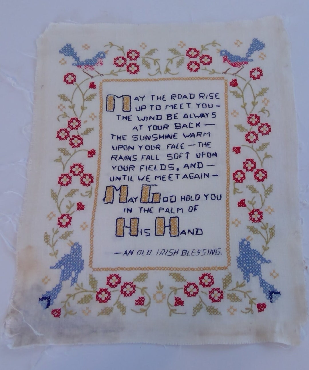 Vintage Hand Embroidered Sampler Old Irish Blessing Blue Birds - Etsy