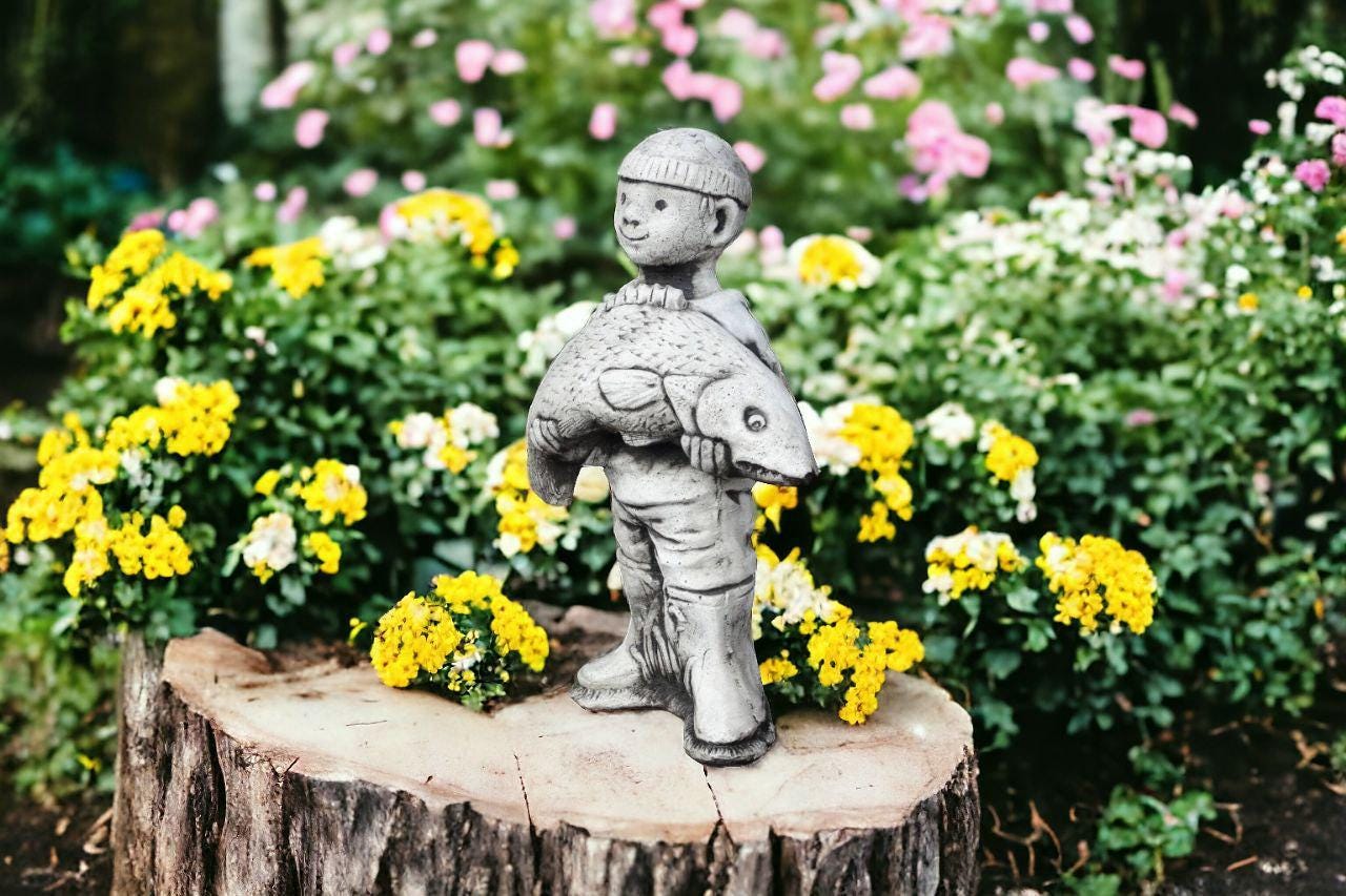 Detailed Boy Figurine Stone Boy With Fish Concrete Child Statue ...