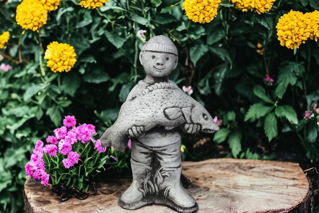 Detailed Boy Figurine Stone Boy With Fish Concrete Child Statue ...
