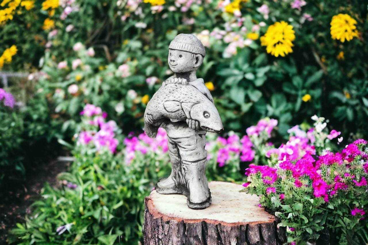 Detailed Boy Figurine Stone Boy With Fish Concrete Child Statue ...
