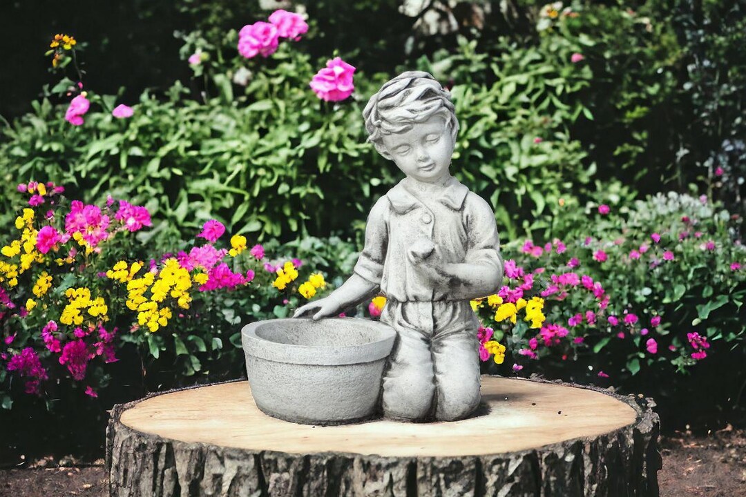 Garden Boy Figure Outdoor Boy With Plant Pot Decor Stone Child ...