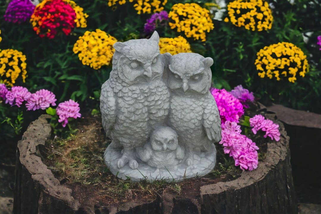 Garden Owl Decor Stone Forest Birds Sculpture Concrete Owls Family ...