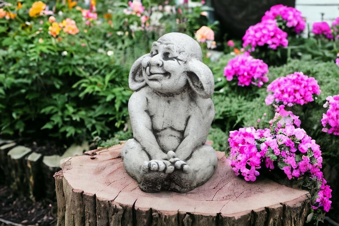 Concrete Sitting Troll Statue Solid Lawn Ornament Decor Cement Happy ...
