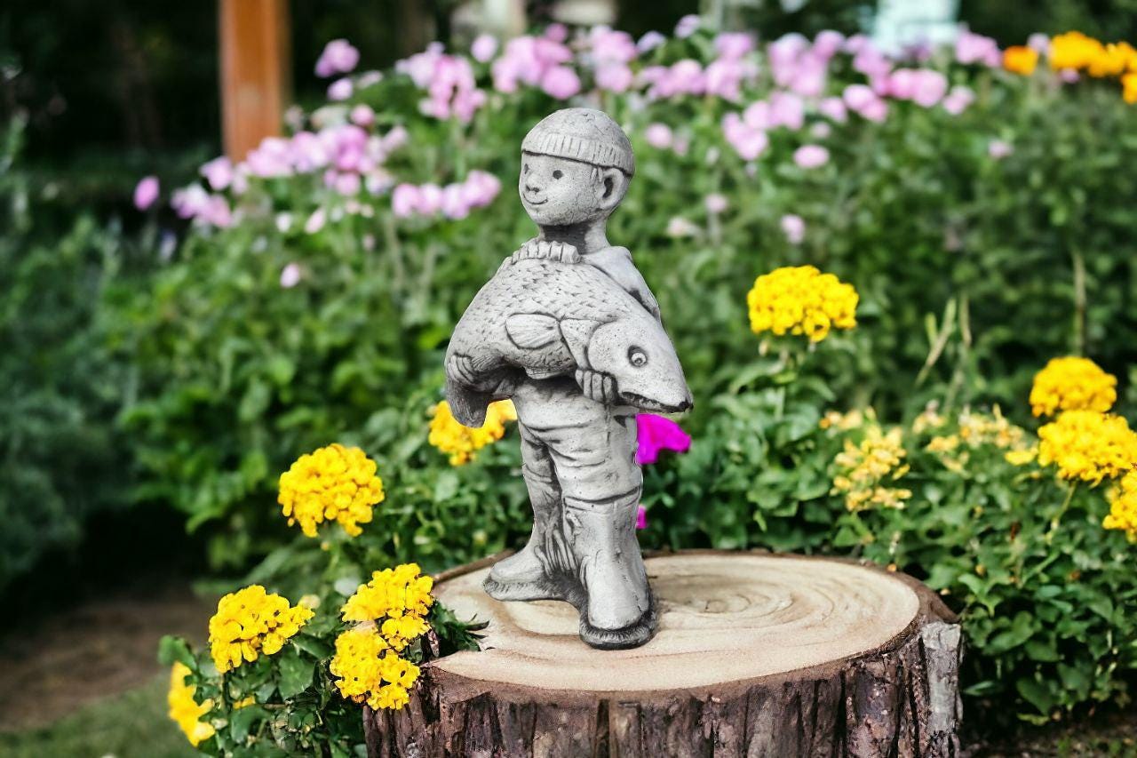 Detailed Boy Figurine Stone Boy With Fish Concrete Child Statue ...