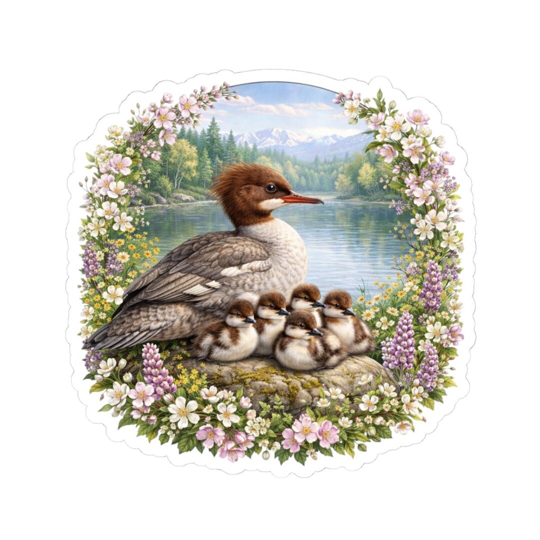 Common Merganser Duck With Ducklings Kiss-cut Sticker | Lake Floral ...