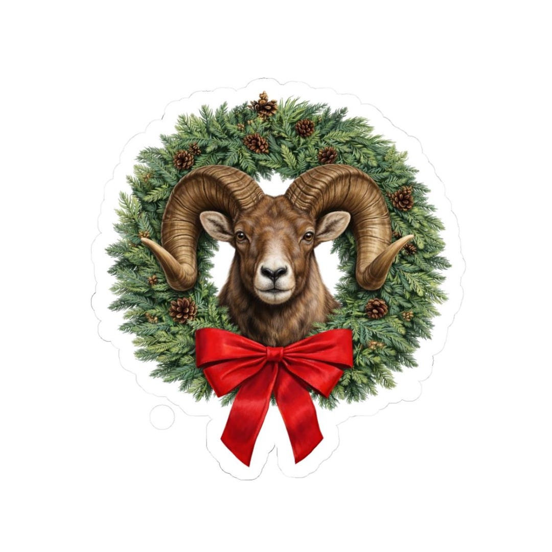 Ram Head in Pine Wreath Kiss-cut Sticker | Holiday Ram Sticker - Etsy