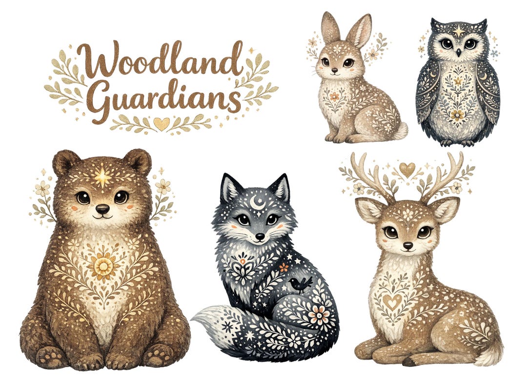 Whimsical Woodland Animal Art – Fox, Deer, Bear, Owl, Rabbit PNG Set ...