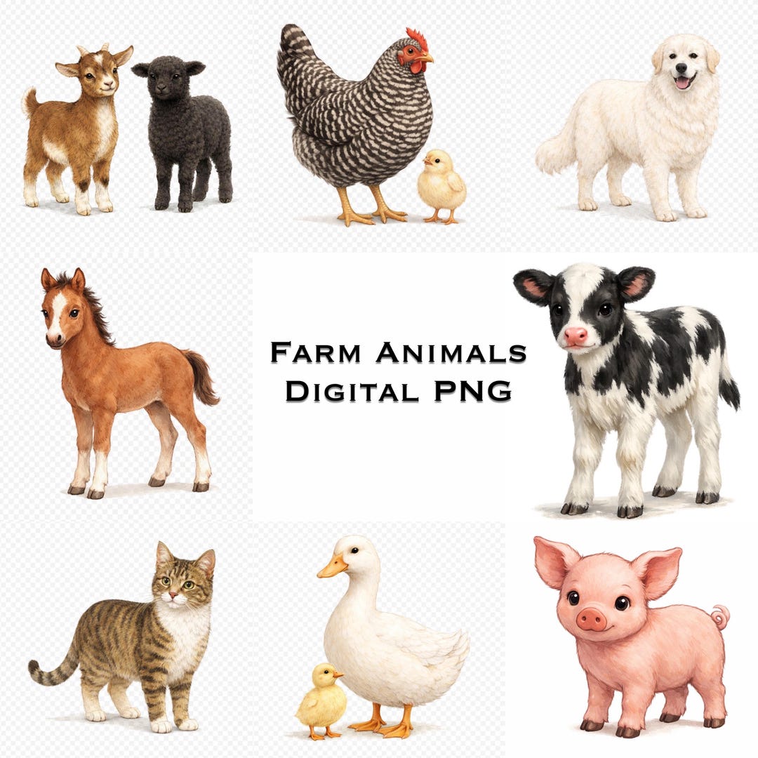 Farm Animals Clipart Bundle: Calf, Pig, Lamb, Goat, Horse, Chicken ...