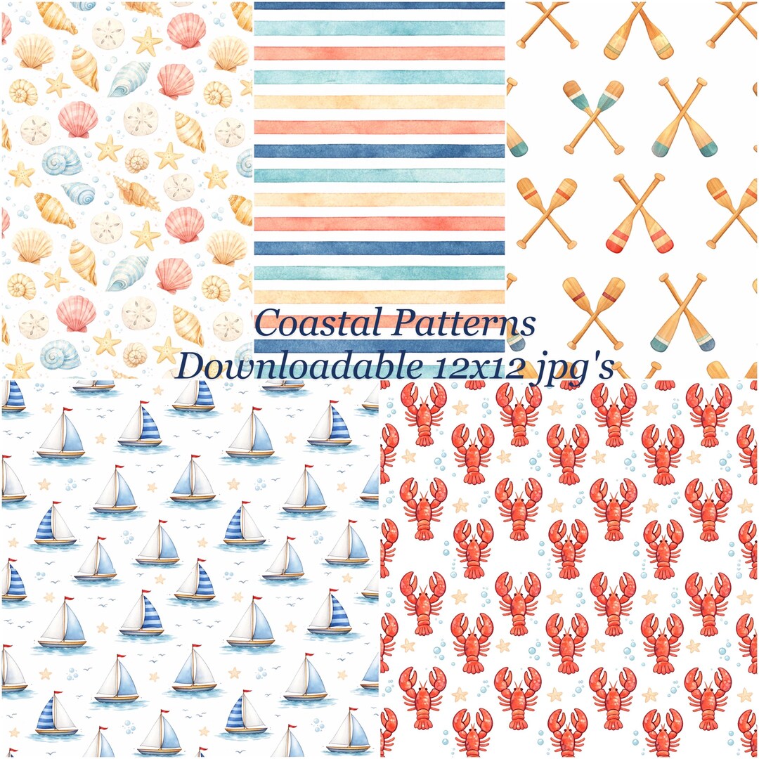 Coastal Watercolor Patterns • Lobster, Sailboat, Stripes, Seashells ...
