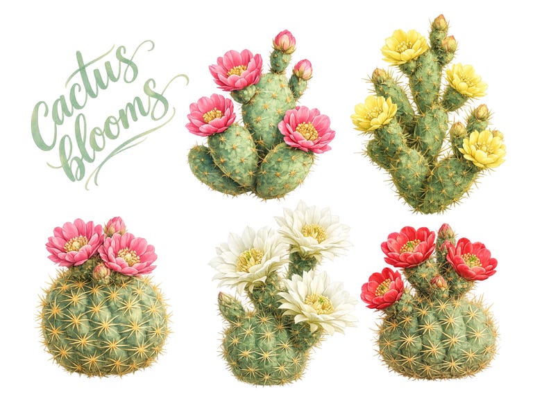 Cactus Blooms Clipart Set – Watercolor Desert Cactus Flowers PNG ...