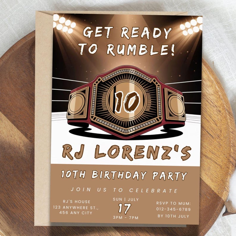 Wrestling Birthday Invitation Template, Editable Championship Belt ...