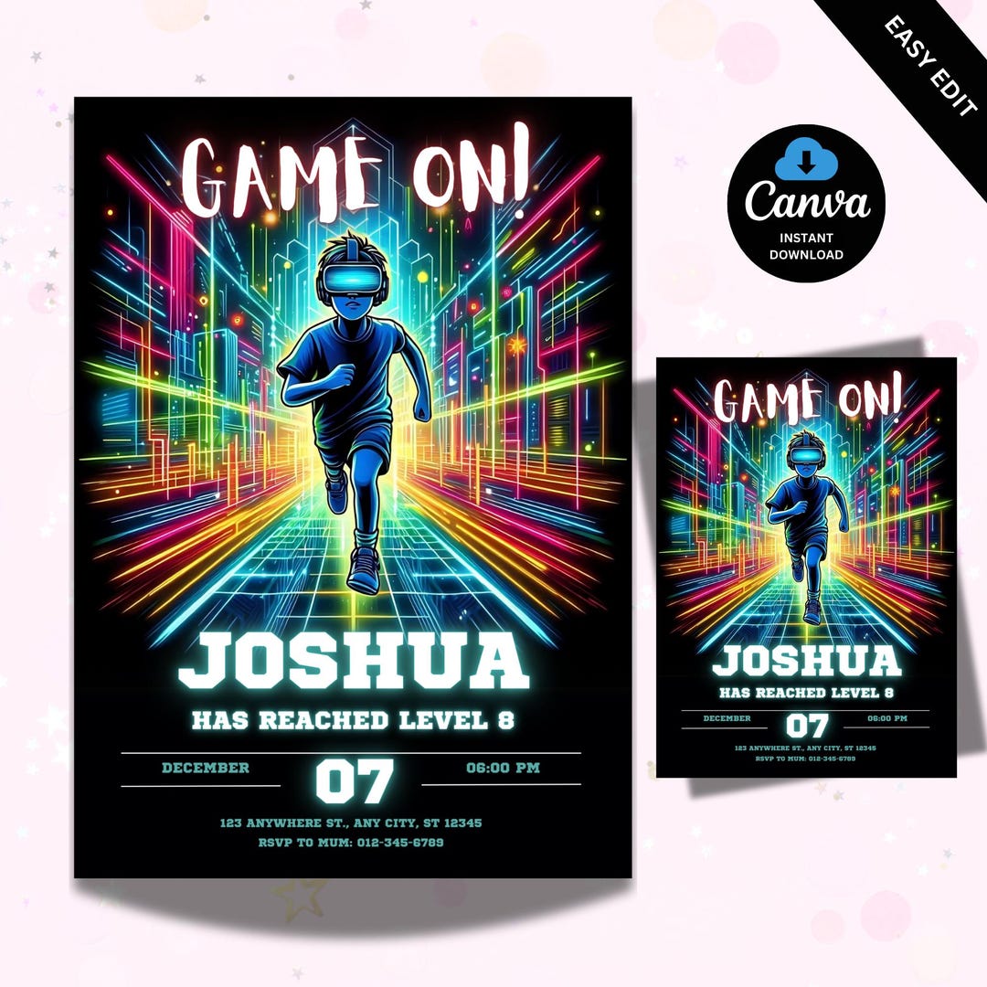 VR Birthday Invitation, Gamer Party Invite, Any Age Video Game Editable ...