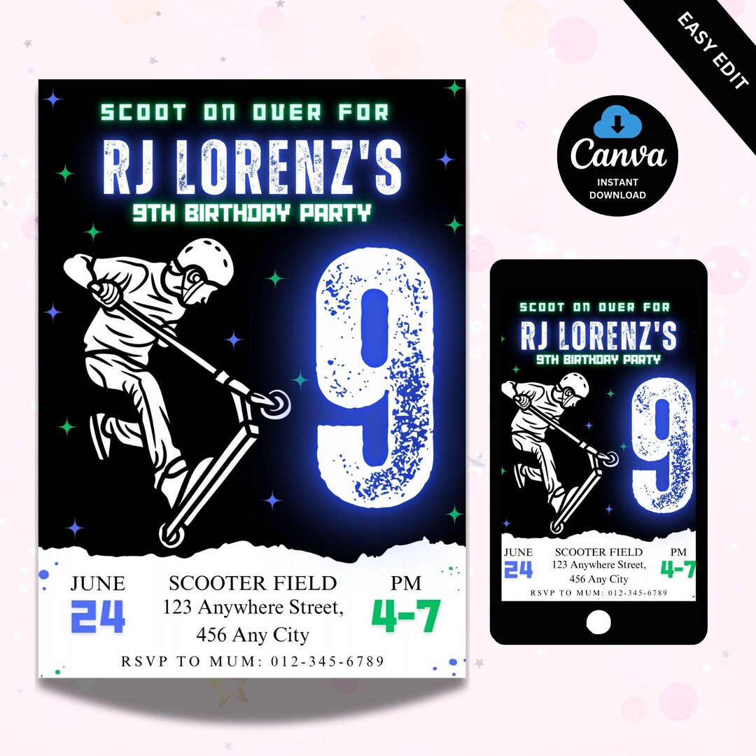 Scooter Birthday Invitation, Scooter Skating Invitation, Editable Skate ...