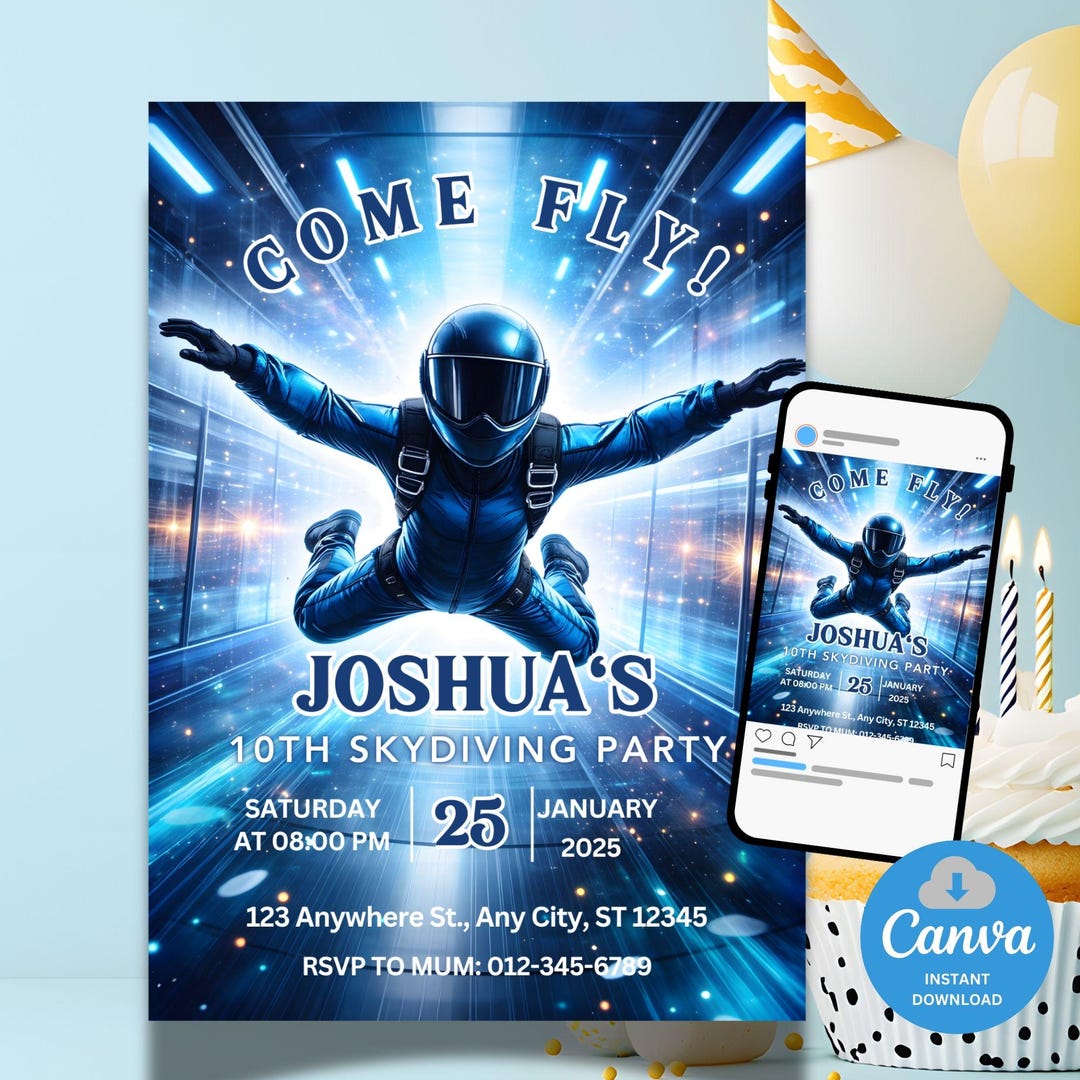 Skydive Invitation for Boys, Birthday Invite, Indoor Skydiving Invite ...