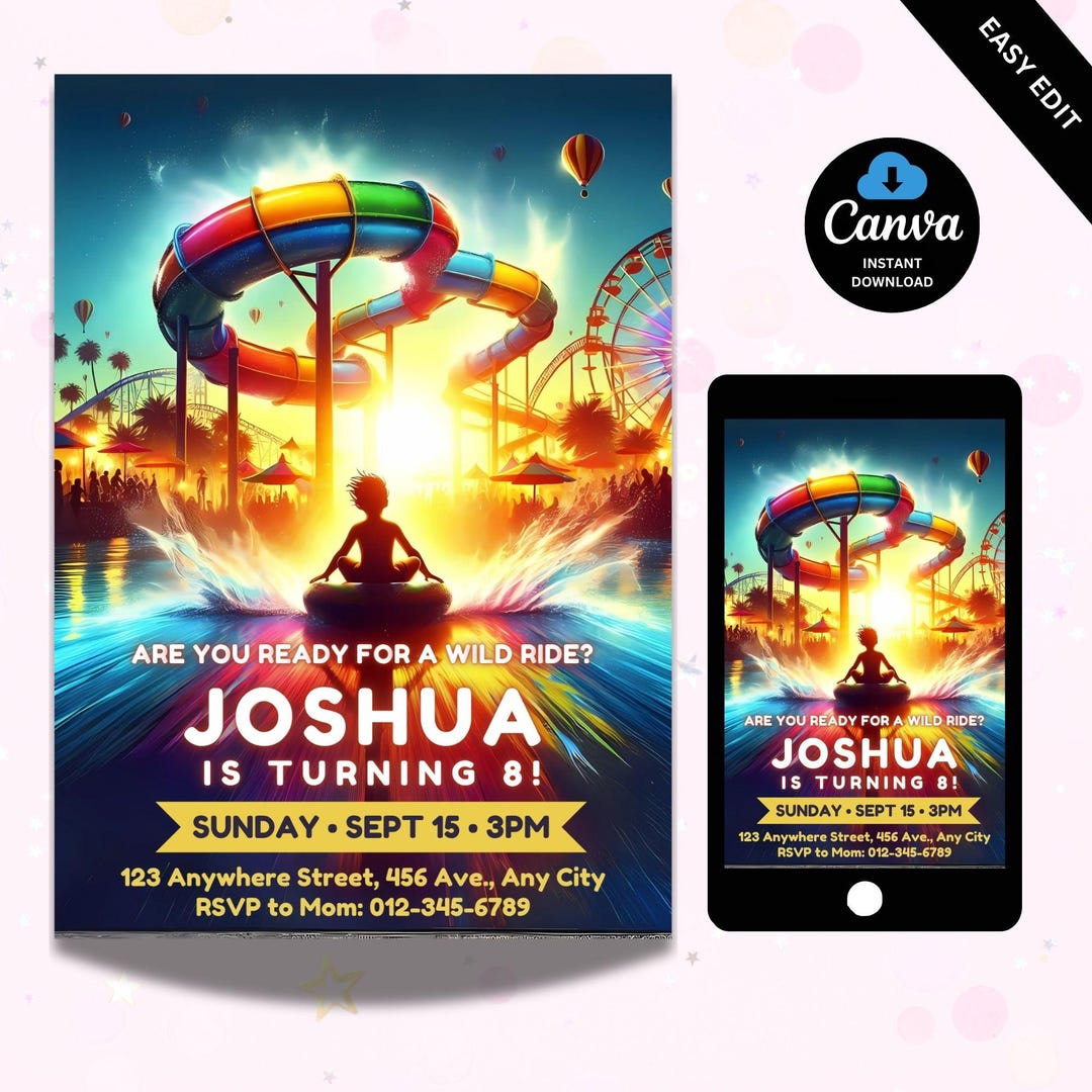 Waterpark Birthday Invitation, Water Park Party Invite, Waterslide ...